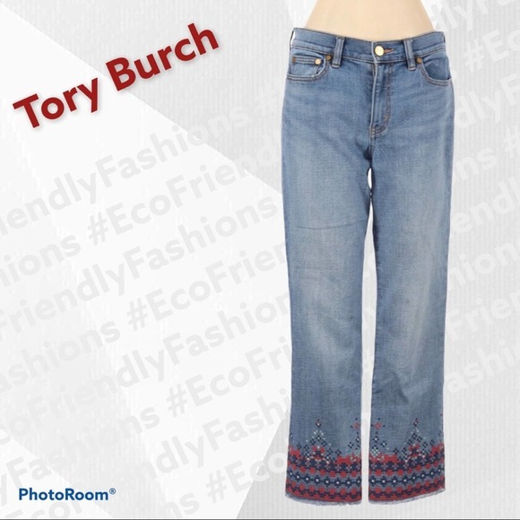Tory Burch | Jeans | Tory Burch Blue Myers Embroidered Cropped Jeans ...